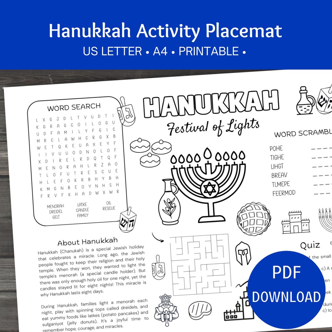 Hanukkah Activity Placemat, Printable Chanukah Games for Kids, Hanukkah ...