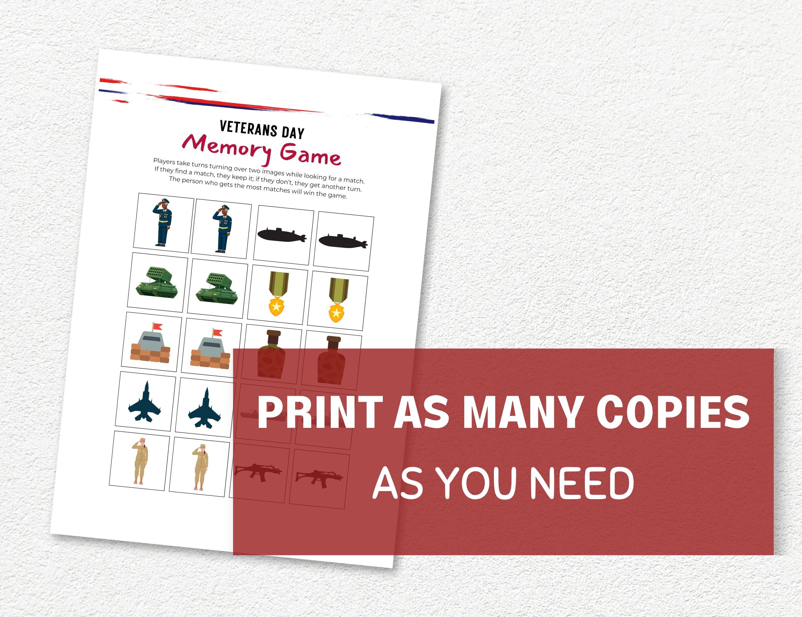 Veterans Day Memory Match Game, Veterans Day Memory Game Printable ...