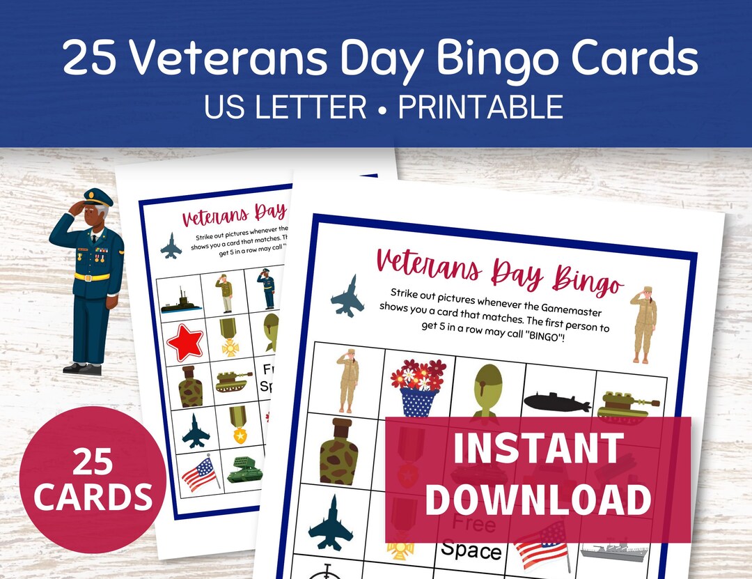 Veterans Day Bingo, 25 Bingo Cards Game, Veterans Day Printable ...