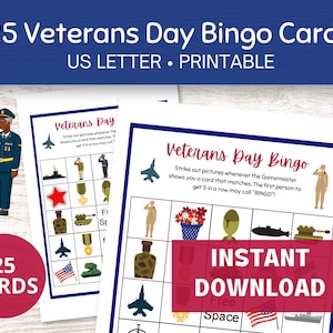 Veterans Day Bingo, 25 Bingo Cards Game, Veterans Day Printable ...