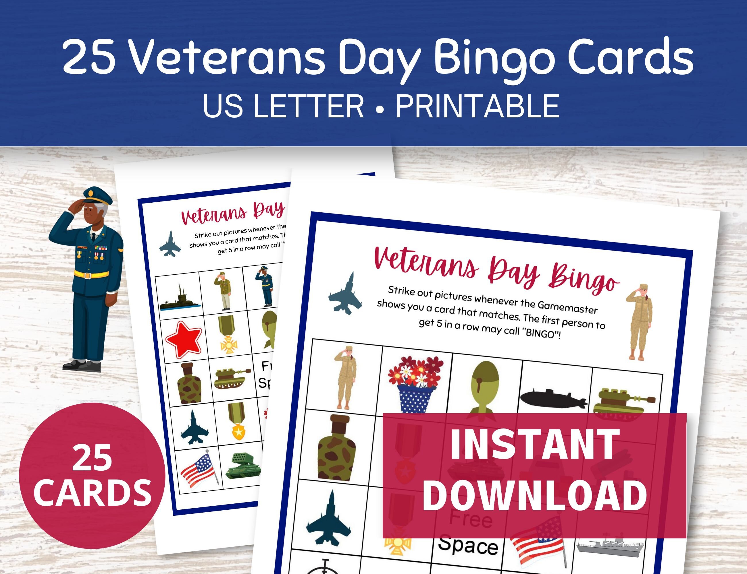 Veterans Day Bingo, 25 Bingo Cards Game, Veterans Day Printable ...