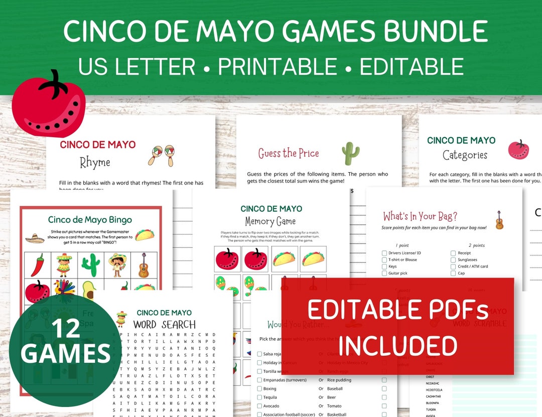 Cinco De Mayo Game Bundle Printable, 12 Editable Cinco De Mayo Games ...