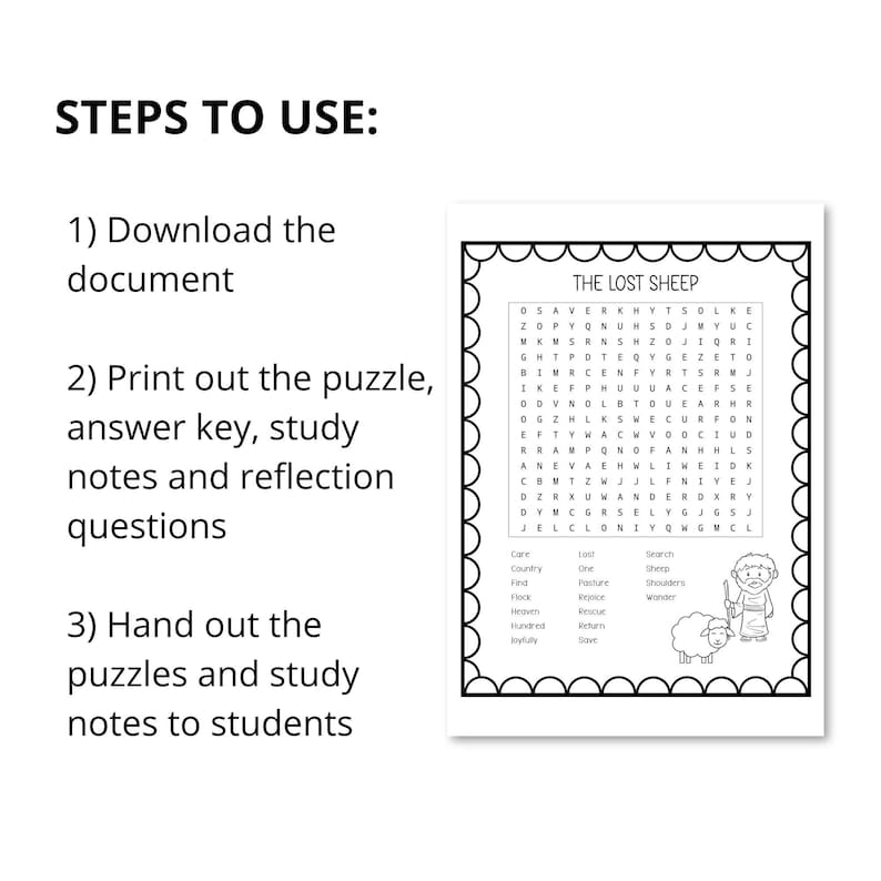 Parable of the Lost Sheep Word Search, Printable Sunday School Activity ...