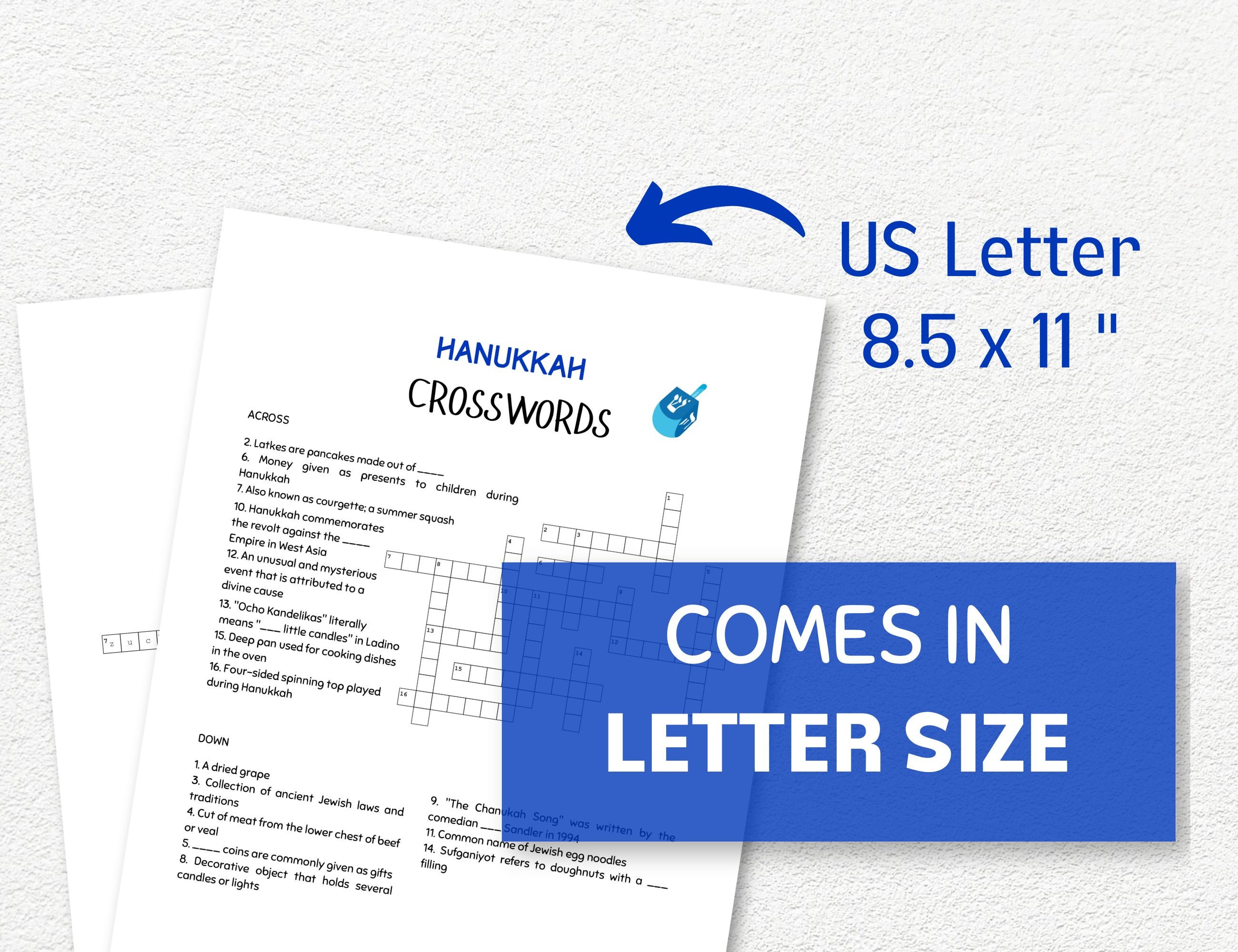 Hanukkah Crossword Puzzle Printable Chanukah Word Puzzles - Etsy