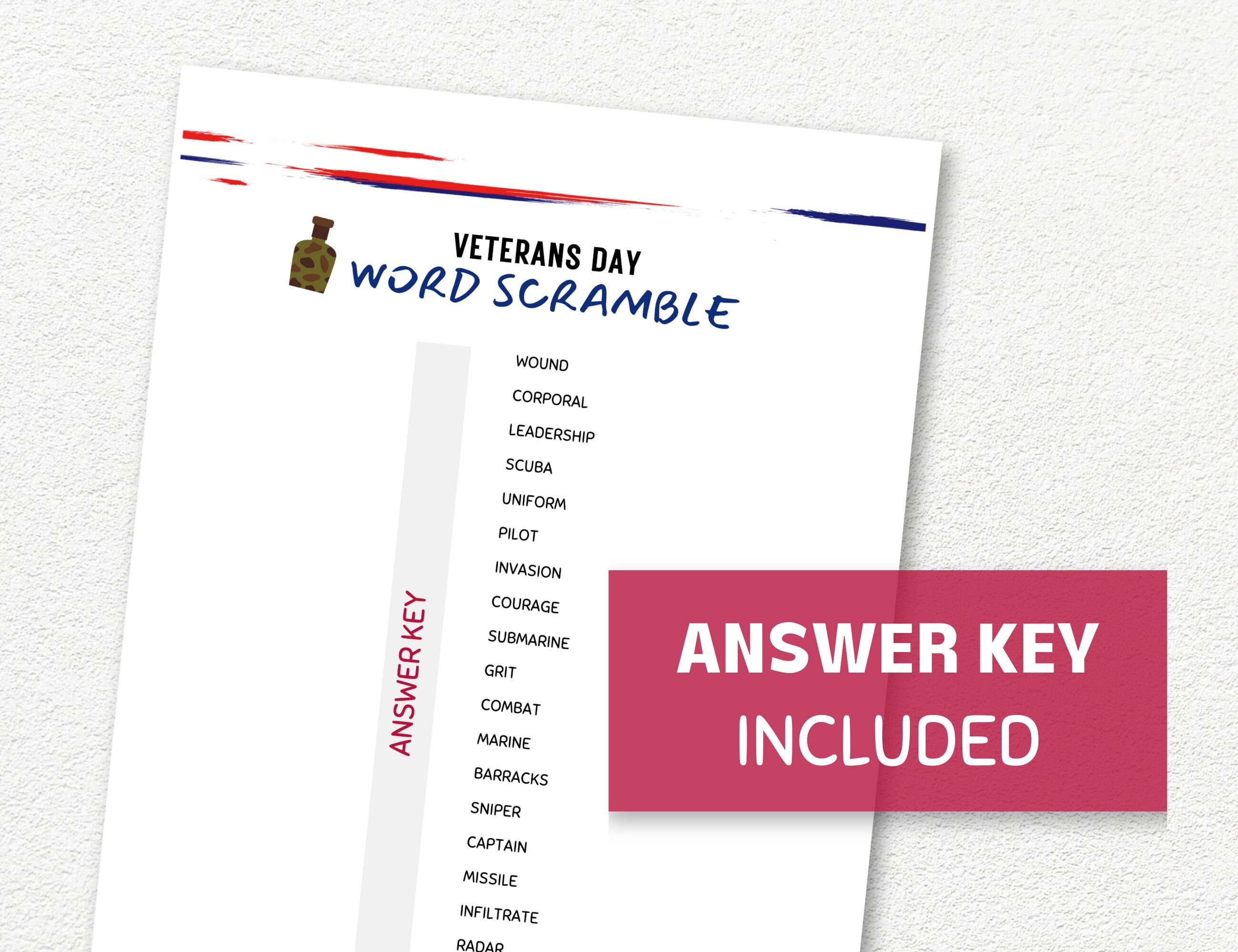 Veterans Day Word Scramble Printable, Veterans Day Games for Family ...