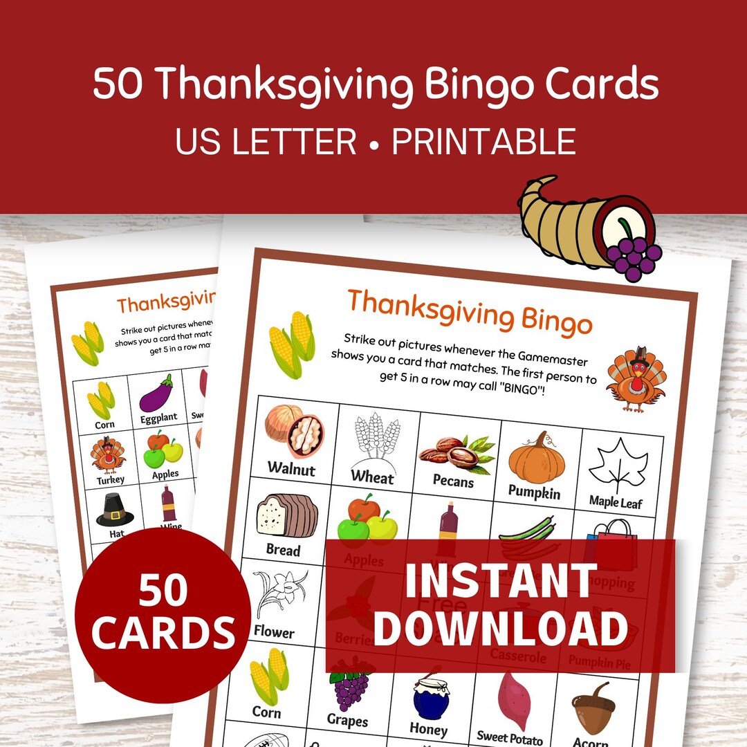 Thanksgiving Bingo Cards Printable, 50 Bingo Cards PDF, Fall ...