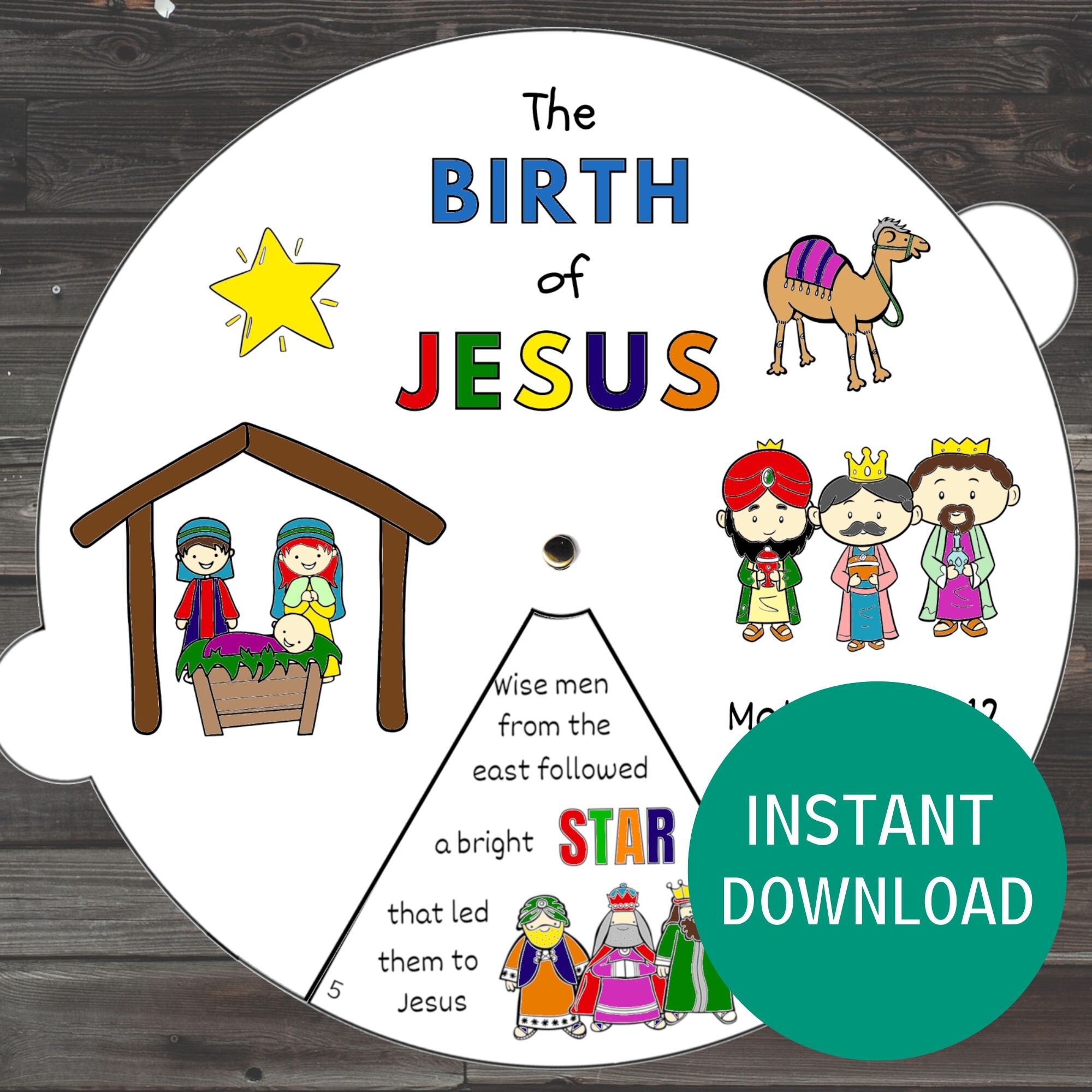 Birth of Jesus Coloring Wheel, Nativity Coloring Craft Printable, Kids ...