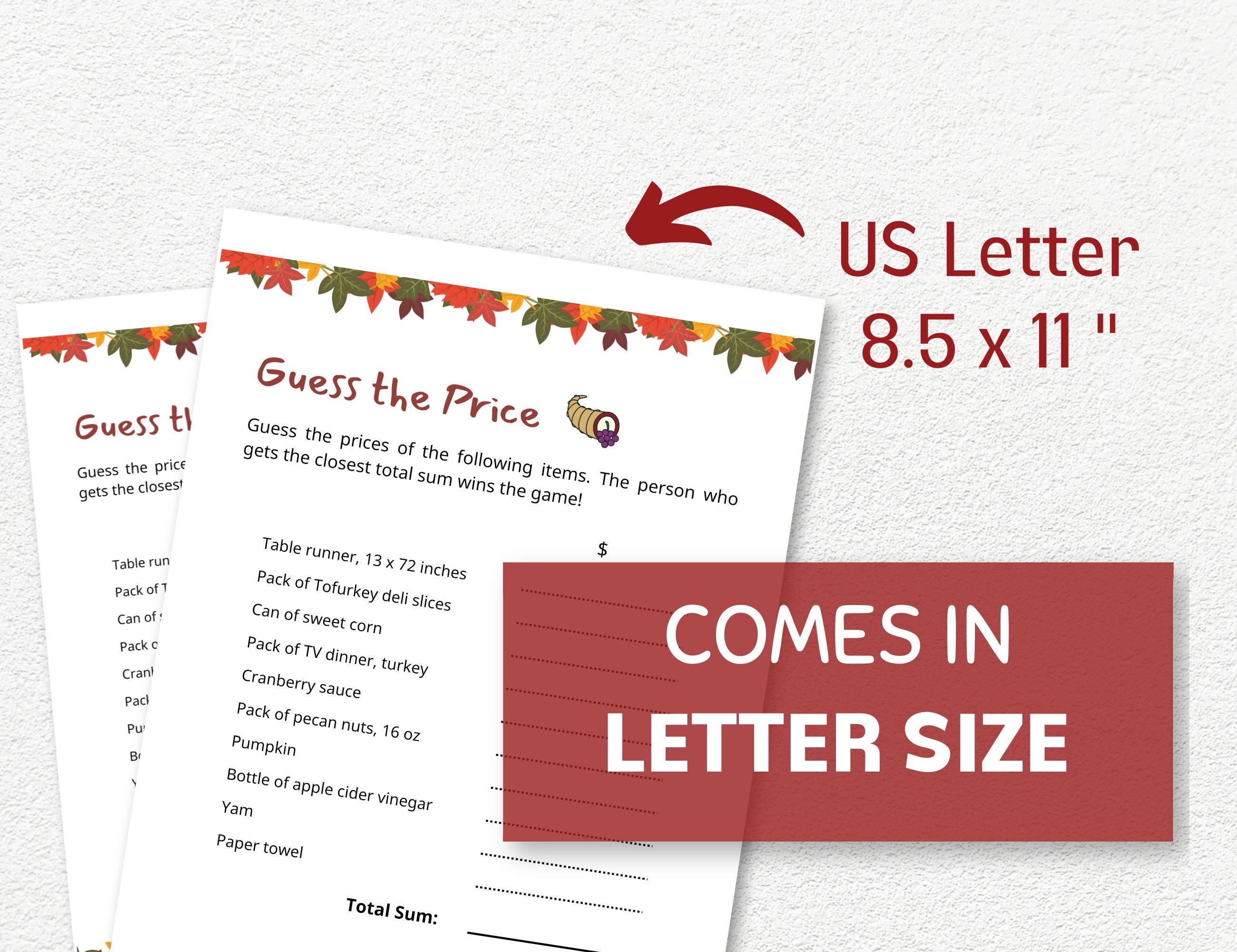 Thanksgiving Guess the Price Printable, Thanksgiving Guessing Game ...