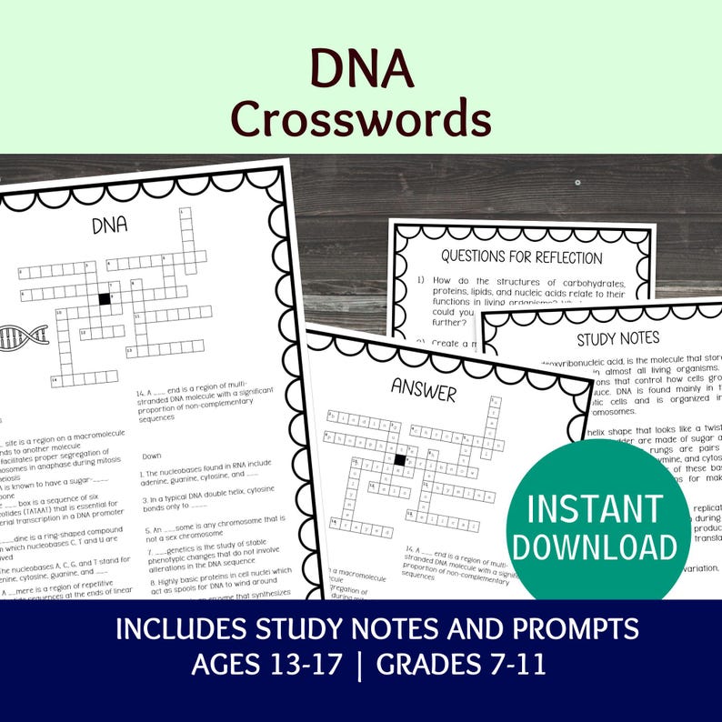 DNA Crossword Puzzle, Printable Biology Classroom Activities With Study ...