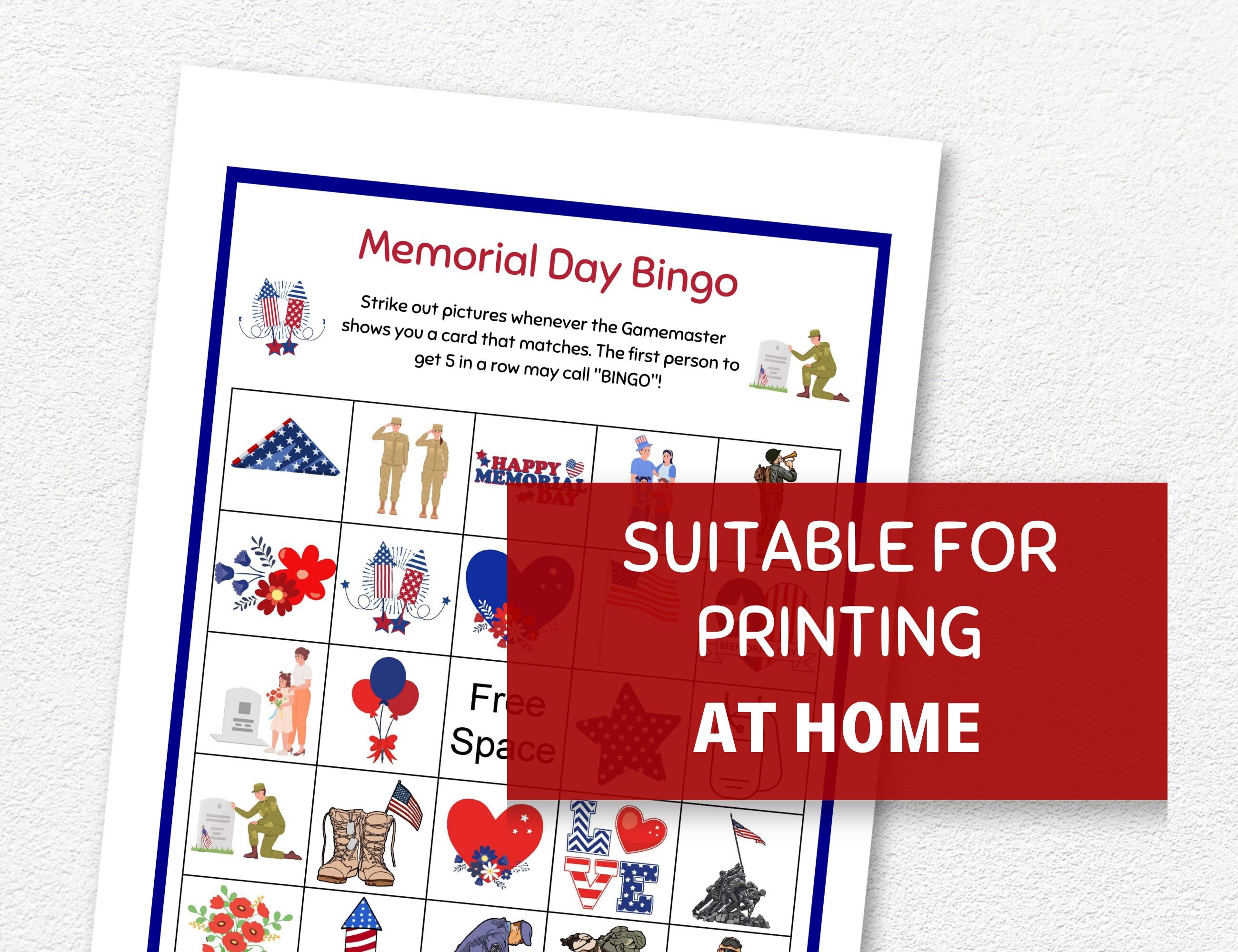 Memorial Day Bingo Cards, 50 Printable PDF Bingo Cards for Memorial Day ...