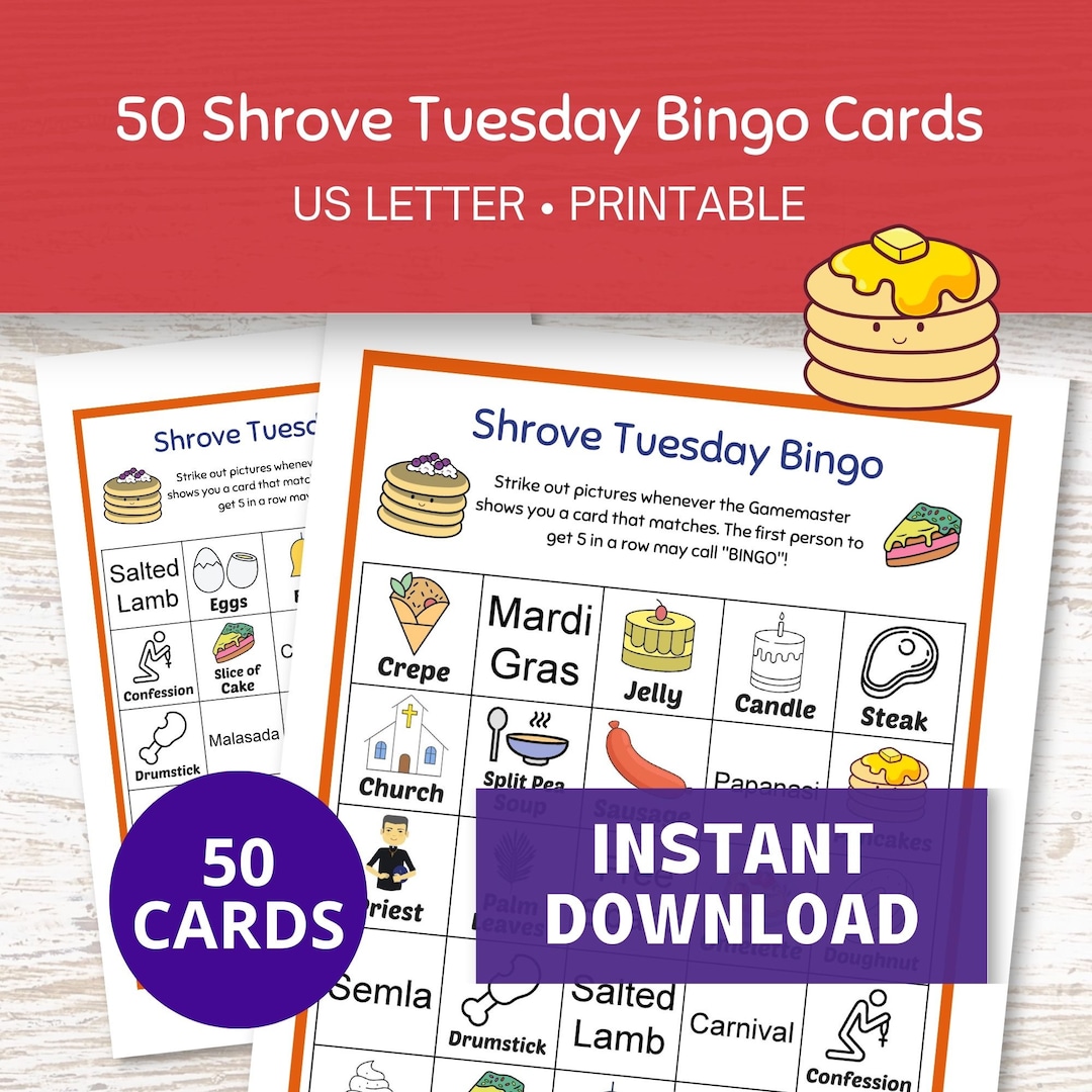 Shrove Tuesday Bingo, 50 Printable Bingo Cards, Pancake Day Activities ...