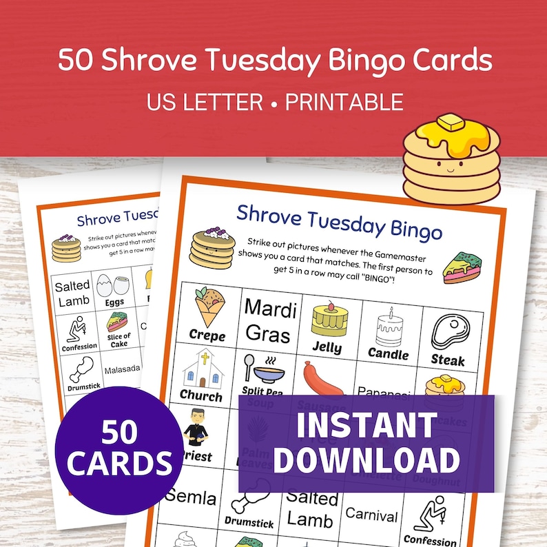 Shrove Tuesday Bingo, 50 Printable Bingo Cards, Pancake Day Activities ...