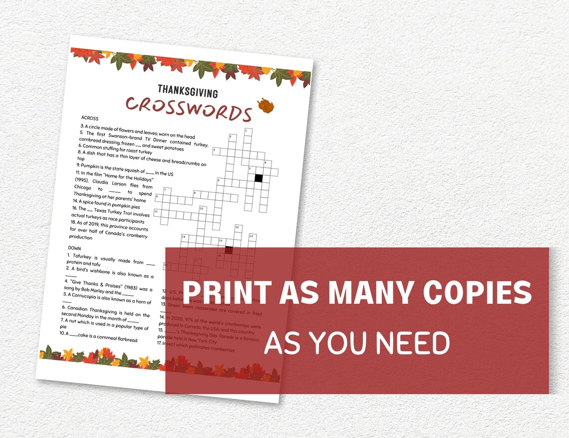 Thanksgiving Crossword Puzzle Printable, Puzzle Games Adults and Family ...