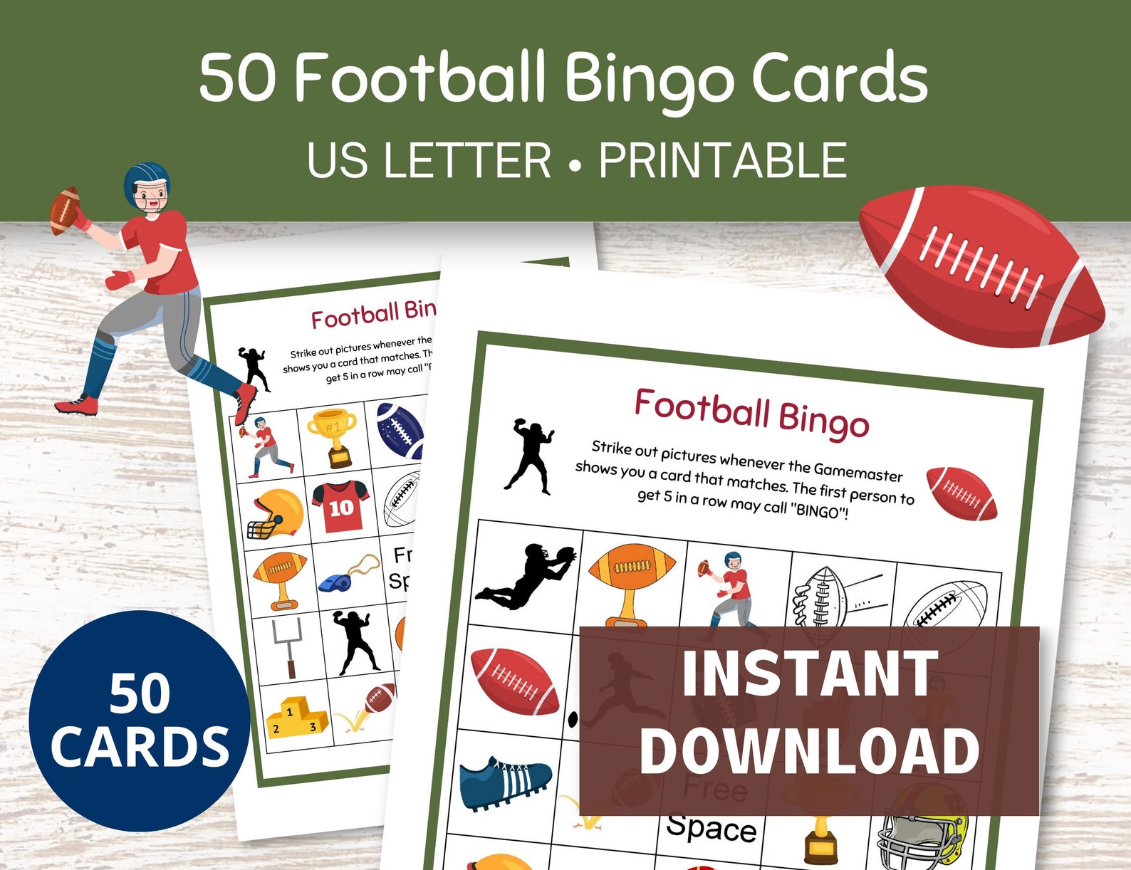 Football Bingo, 50 American Football Bingo Cards Printable, the Big ...