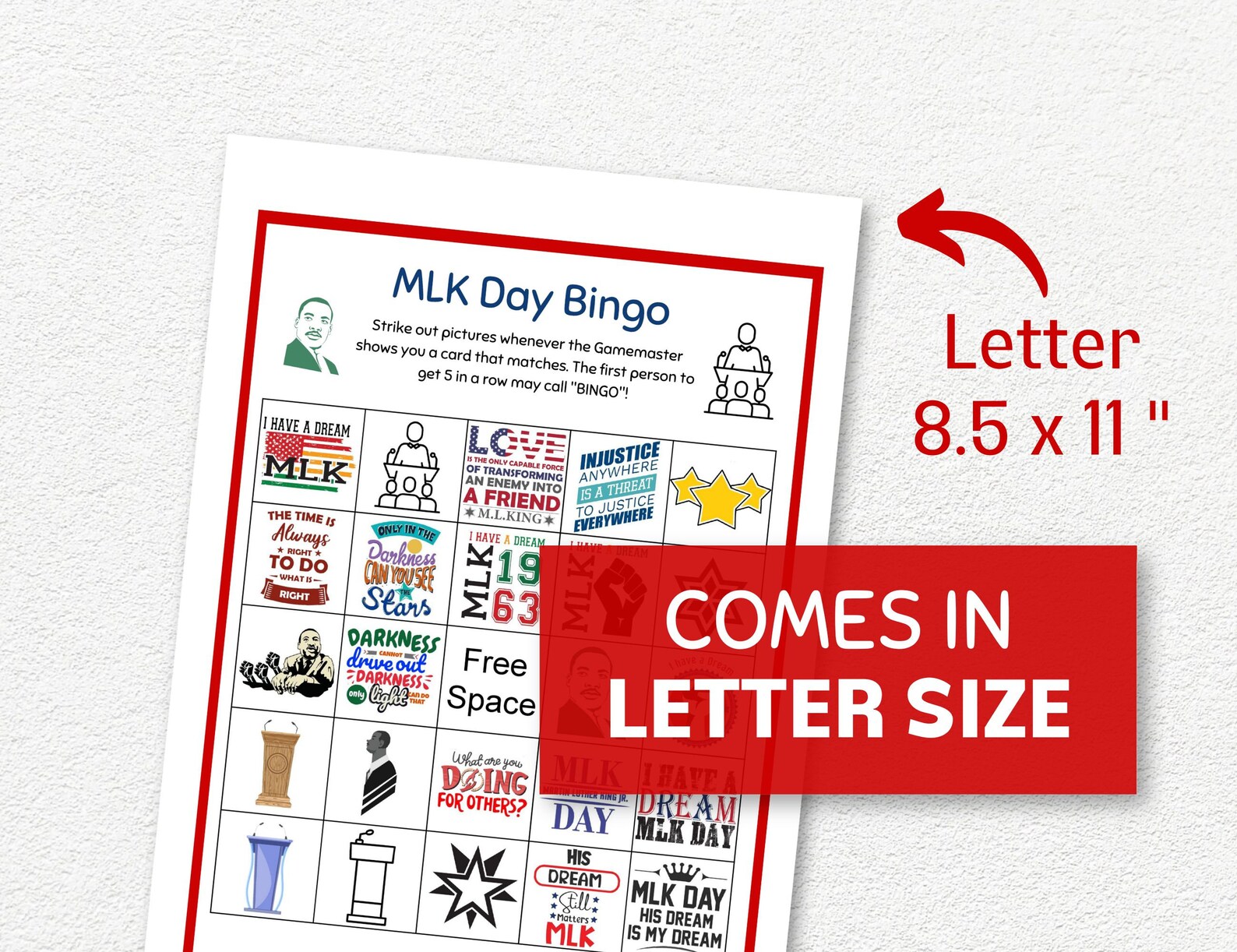 MLK Bingo Game, 50 Bingo Printable Cards for Martin Luther King Jr Day ...