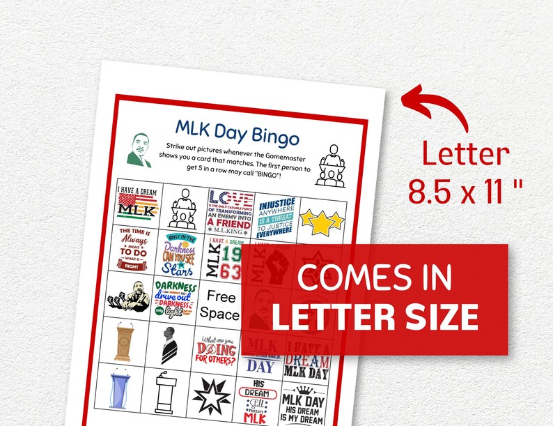 MLK Bingo Game, 50 Bingo Printable Cards for Martin Luther King Jr Day ...