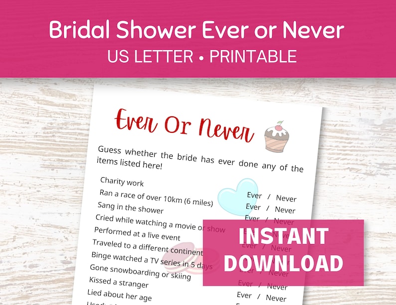 Ever or Never Bridal Shower Game Bridal Shower Game Printable - Etsy