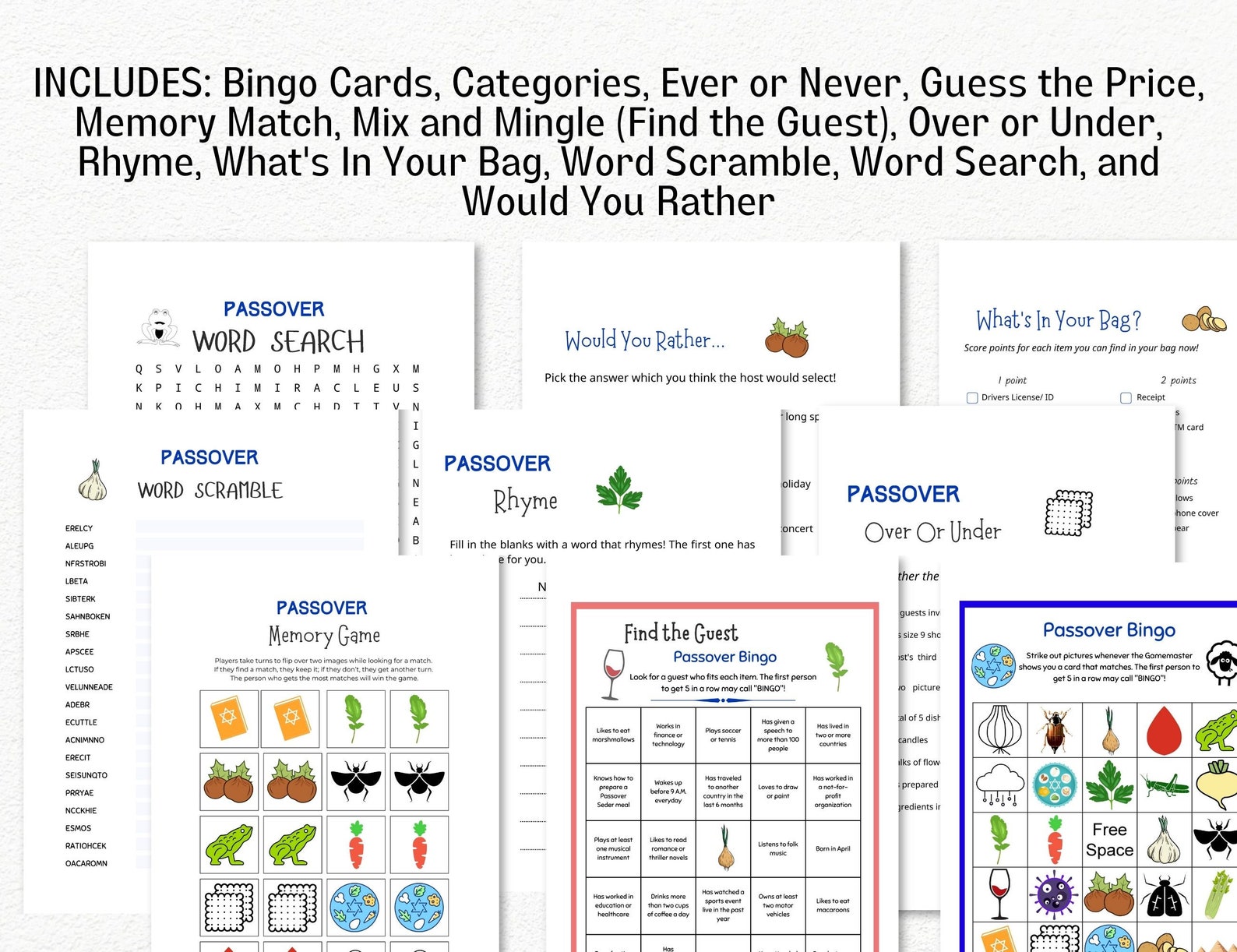 Passover Game Bundle Printable, 12 Editable Passover Activities for ...