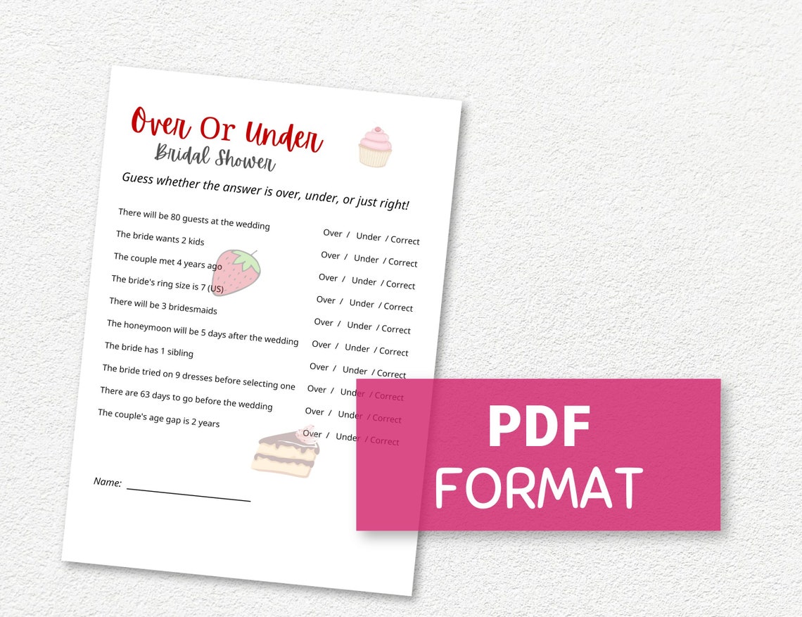 Over or Under Bridal Shower Game Guess the Number Bridal - Etsy
