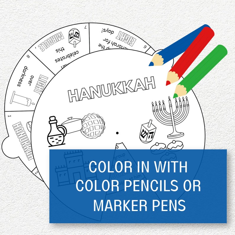 Hanukkah Coloring Wheel Printable, Chanukah Kids Craft, Hebrew School ...