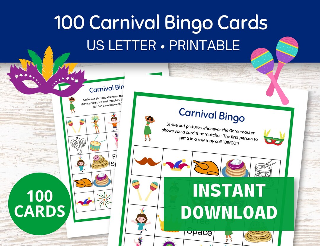 Carnival Bingo, 100 Bingo Cards for Carnival, Mardi Gras Bingo Cards ...