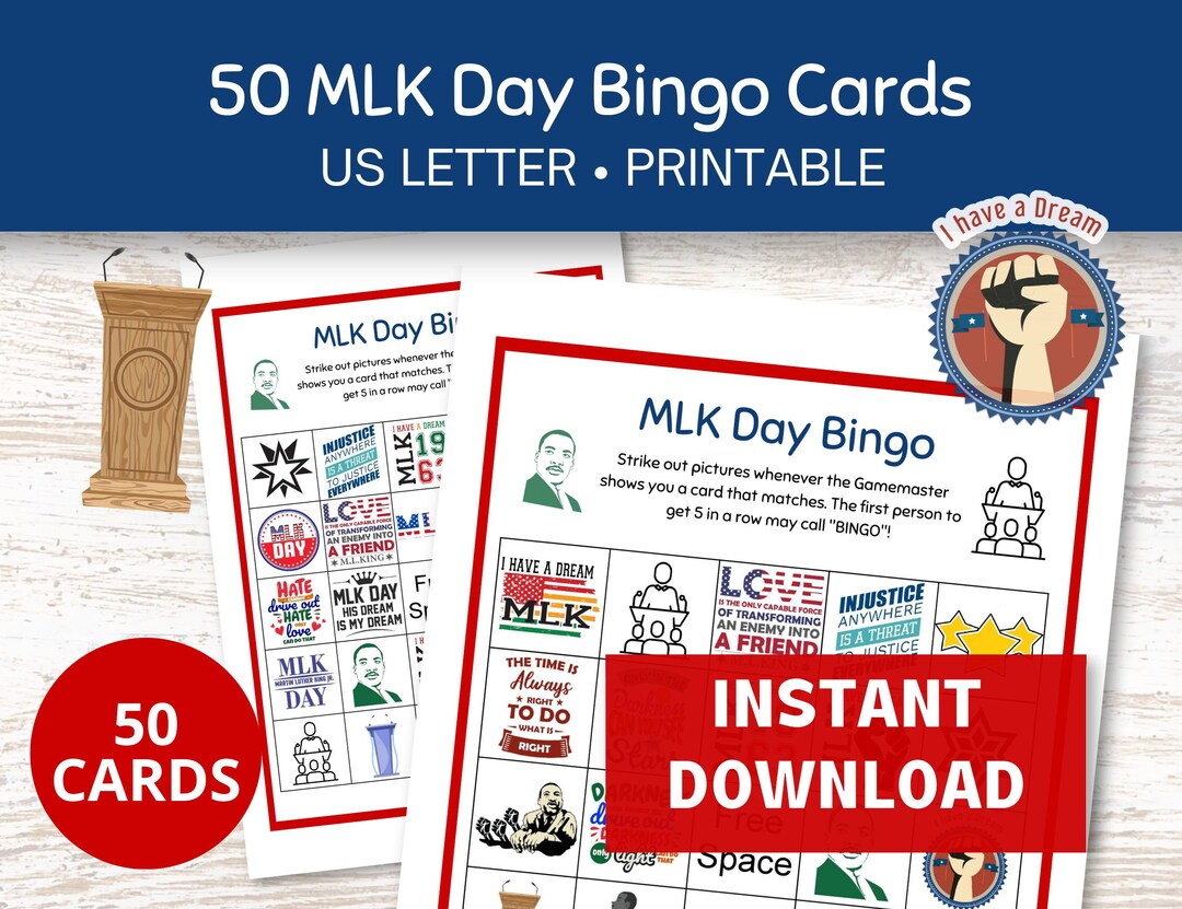 MLK Bingo Game, 50 Bingo Printable Cards for Martin Luther King Jr Day ...