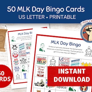 MLK Bingo Game, 50 Bingo Printable Cards for Martin Luther King Jr Day ...