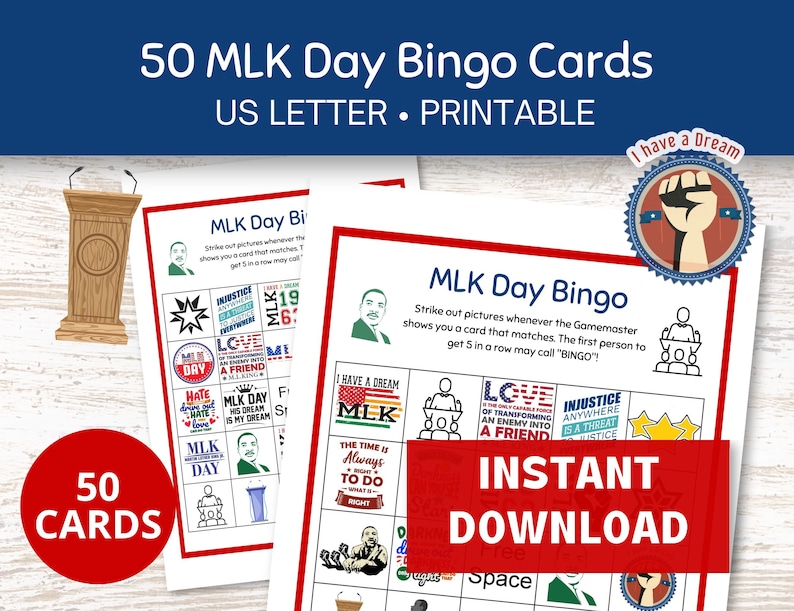 MLK Bingo Game, 50 Bingo Printable Cards for Martin Luther King Jr Day ...