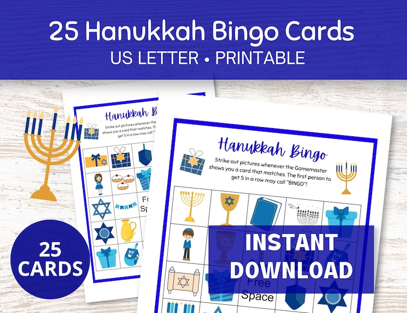 Hanukkah Bingo Game Printable, 25 Bingo Cards, Jewish Festival Games ...