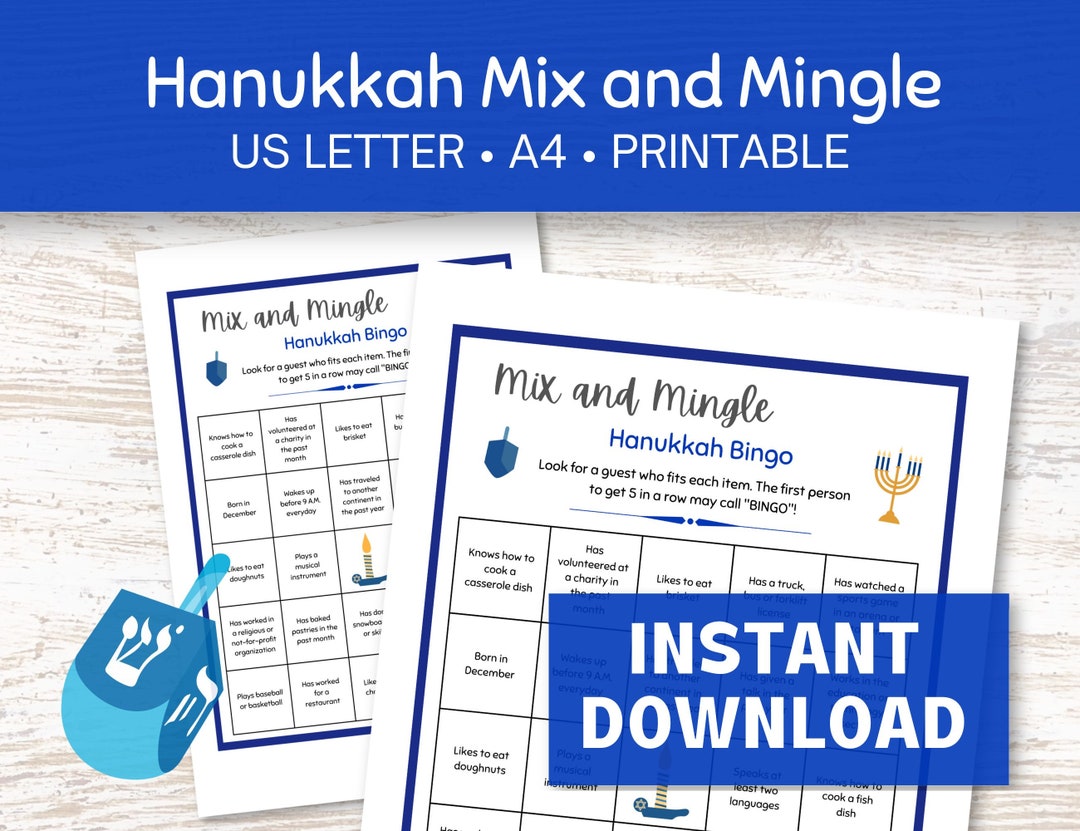 Hanukkah Mix and Mingle Bingo, Find the Guest Printable, Chanukah Bingo ...