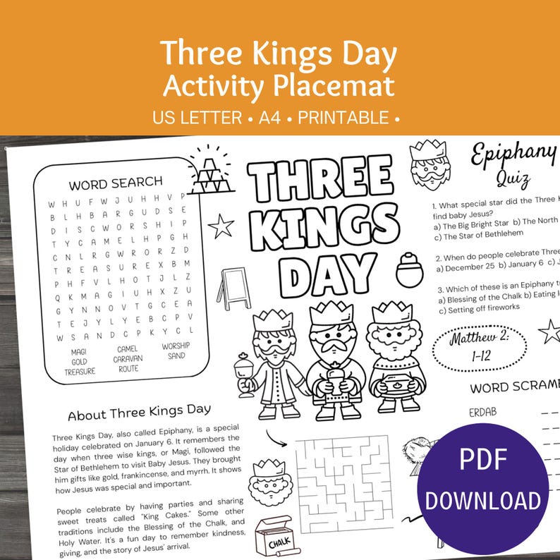 Three Kings Day Activity Placemat, Printable Sunday School Activities ...