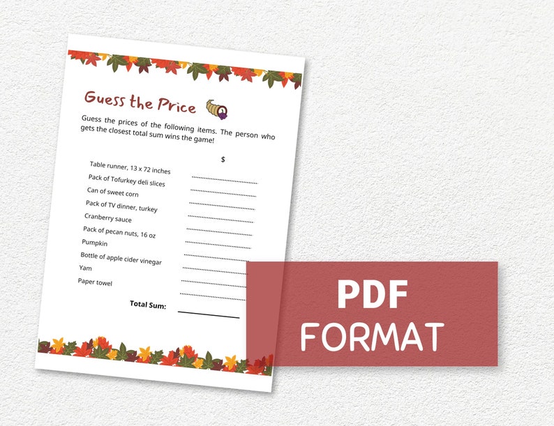 Thanksgiving Guess the Price Printable, Thanksgiving Guessing Game ...