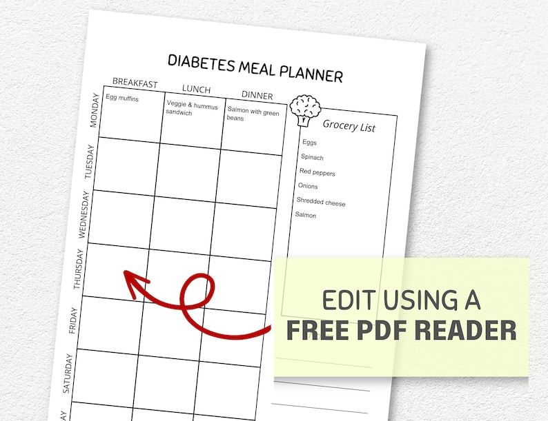 Diabetes Meal Planner, Printable Grocery List and Meal Planner, PDF ...