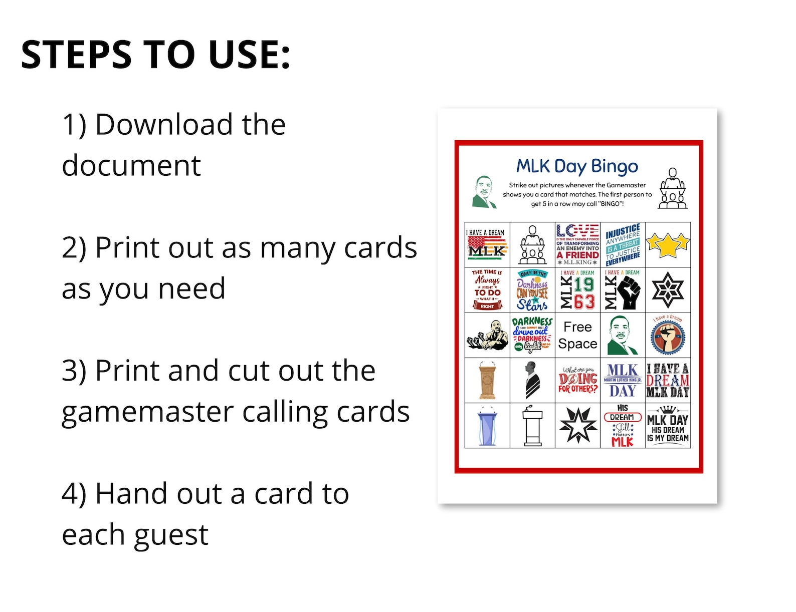 MLK Bingo Game, 50 Bingo Printable Cards for Martin Luther King Jr Day ...