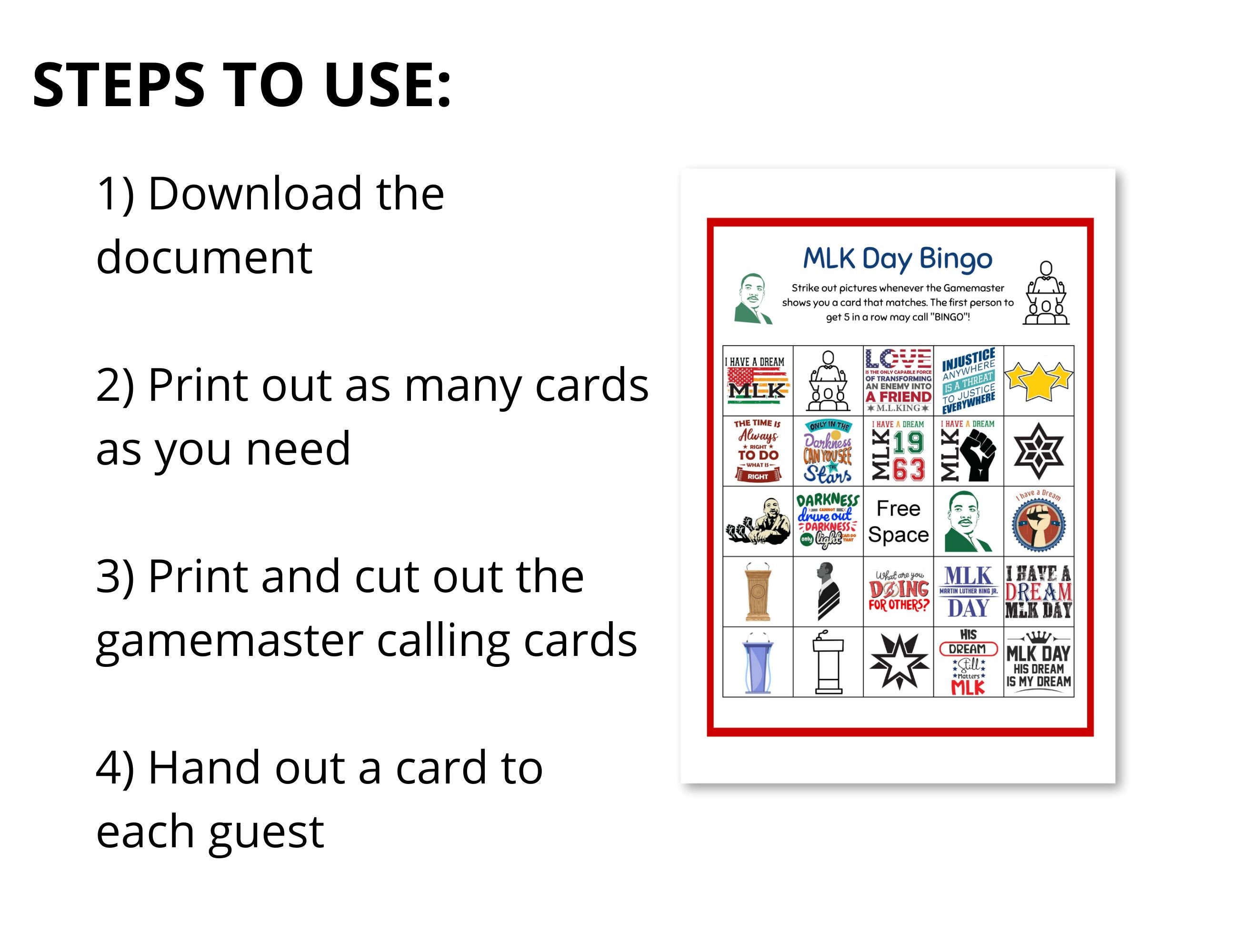 MLK Bingo Game, 50 Bingo Printable Cards for Martin Luther King Jr Day ...