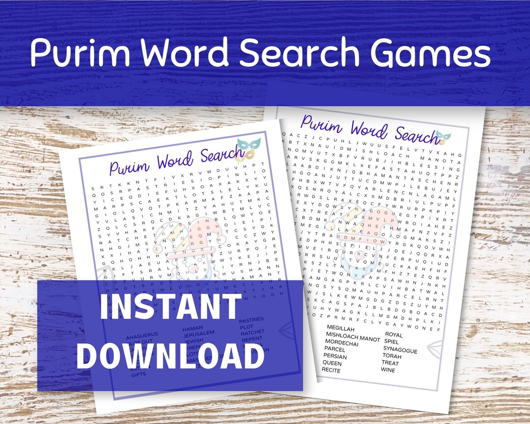 Purim Word Search Printable, Party Games for Family, 2 Printable Word ...
