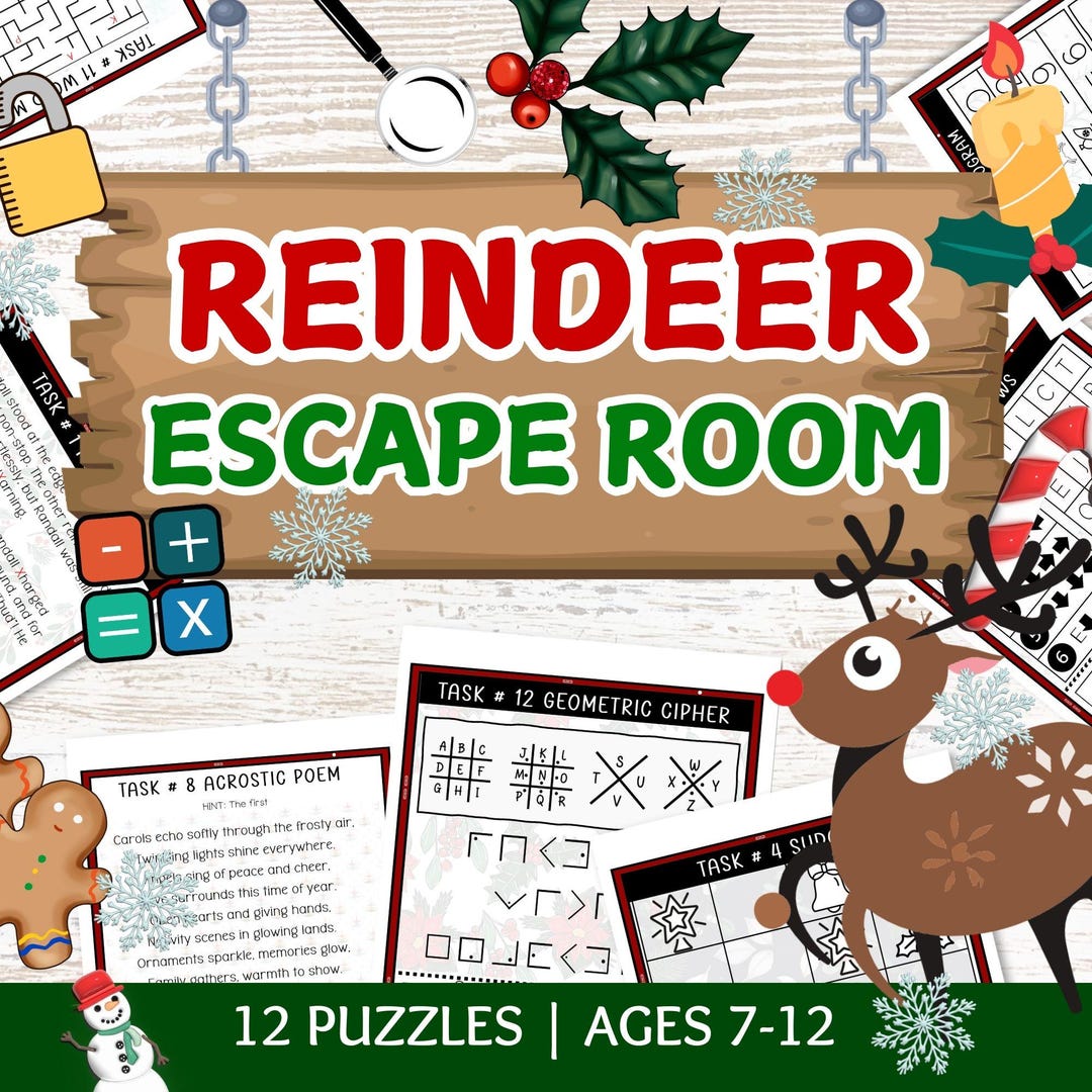 Reindeer Escape Room, 12 Printable PDF Games, Christmas Activities for ...
