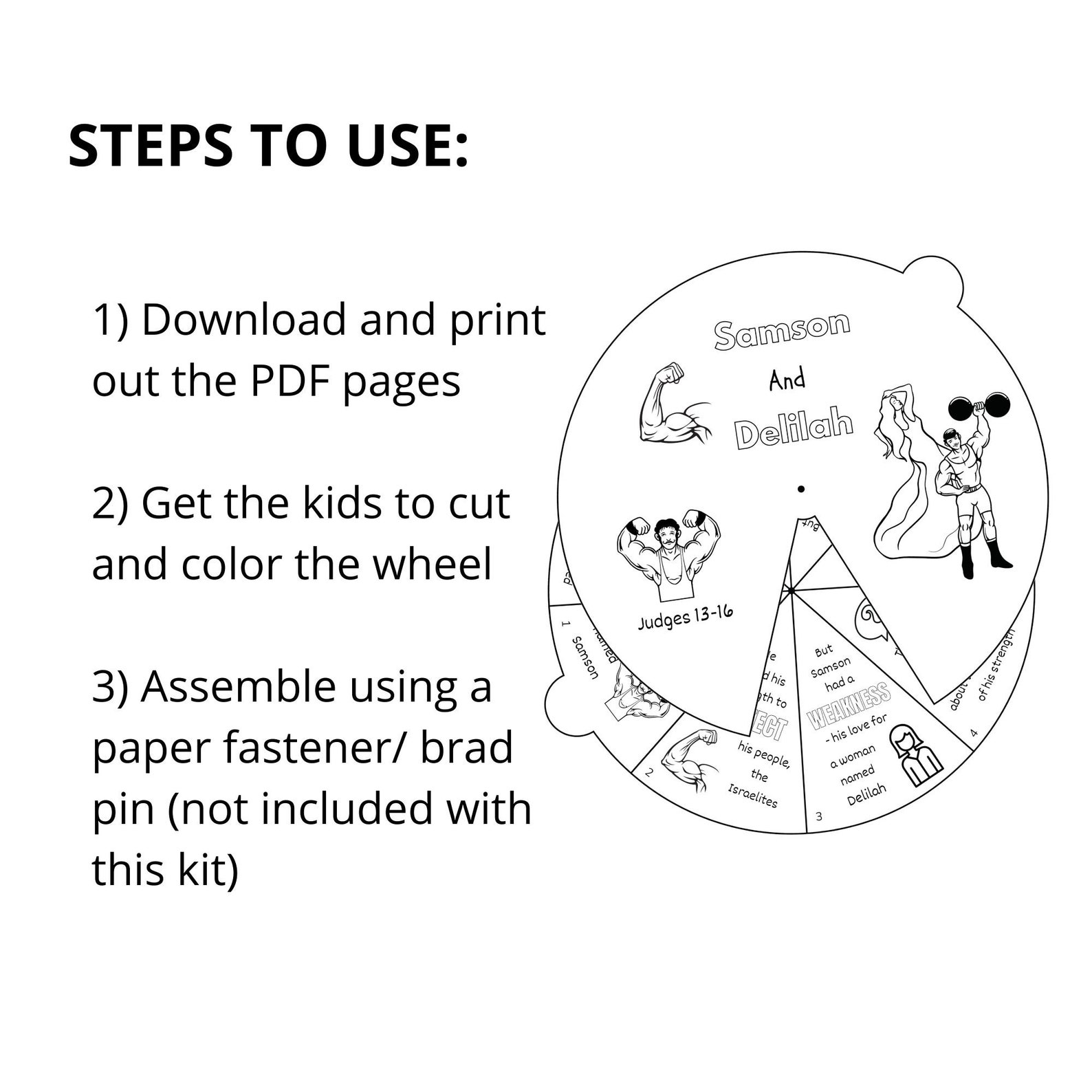 Samson and Delilah Coloring Wheel, Printable Sunday School Lesson, Kids ...