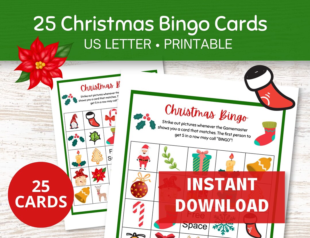 Christmas Bingo Printable, 25 Bingo Cards Game, Winter Bingo for Kids ...