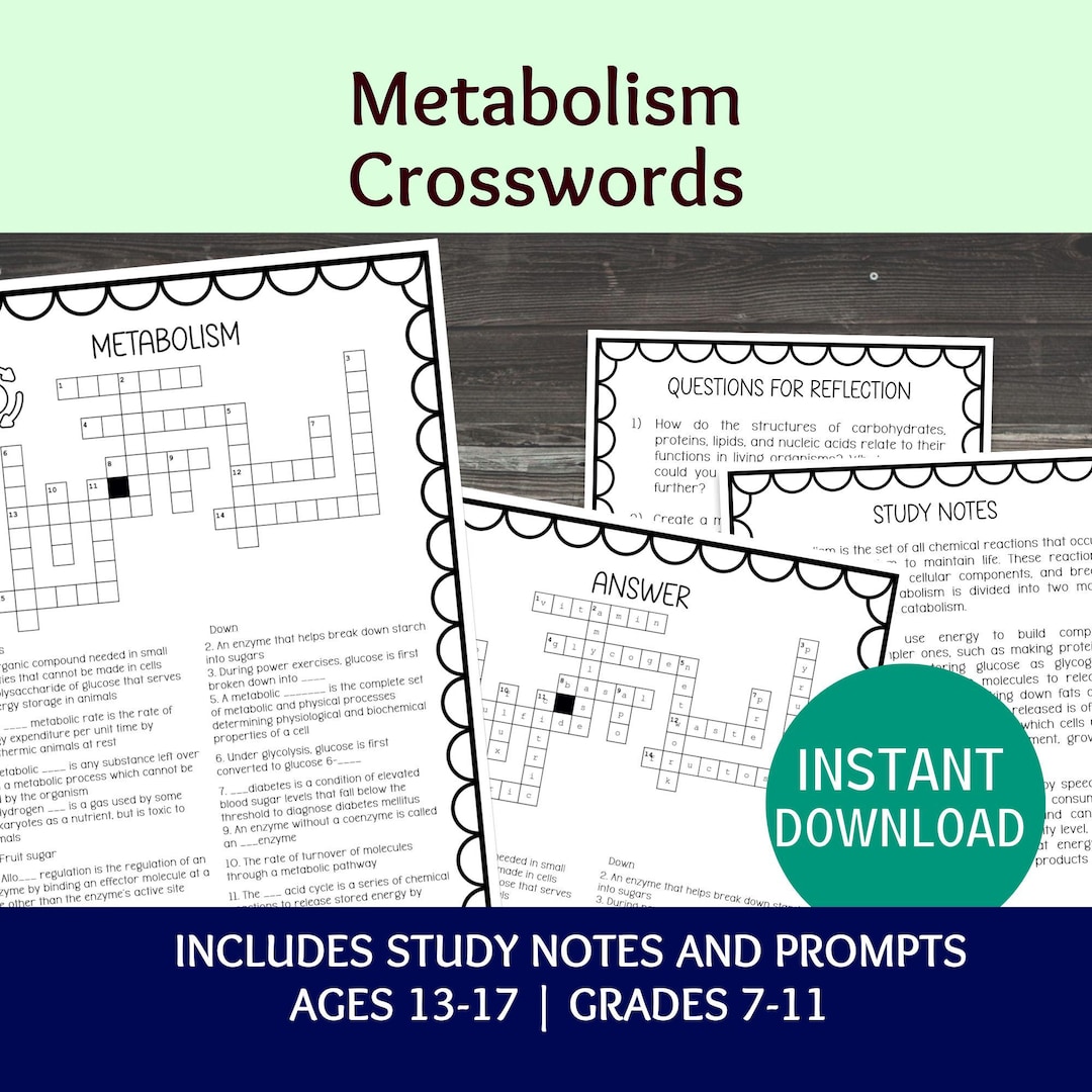 Metabolism Crossword Puzzles, Printable Biology Classroom Activities ...