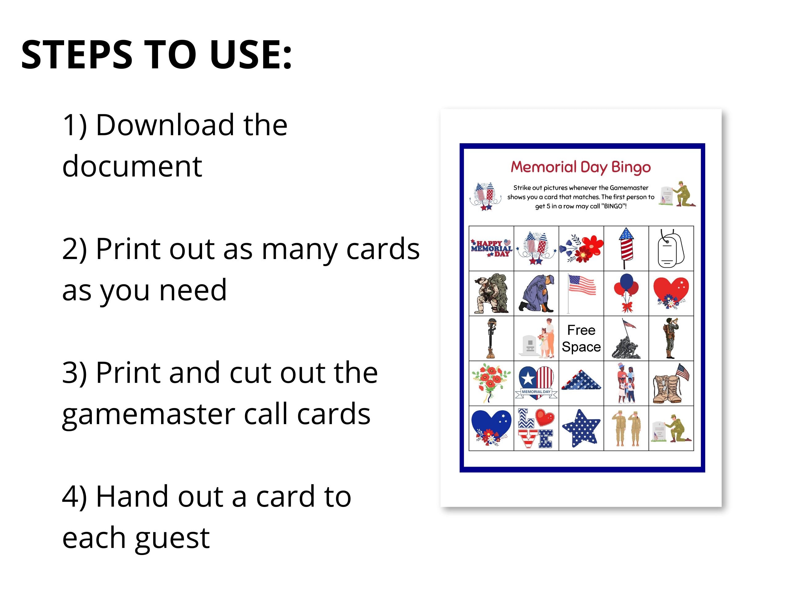 Memorial Day Bingo Cards, 50 Printable PDF Bingo Cards for Memorial Day ...