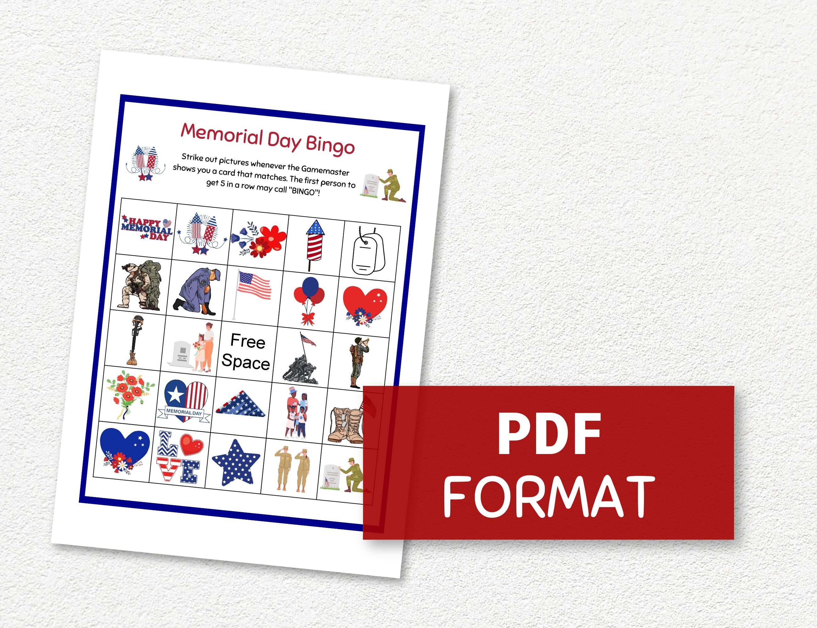 Memorial Day Bingo Cards, 50 Printable PDF Bingo Cards for Memorial Day ...