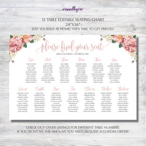 13 Table Seating Chart 24x36 EDITABLE PDF Pink - Etsy