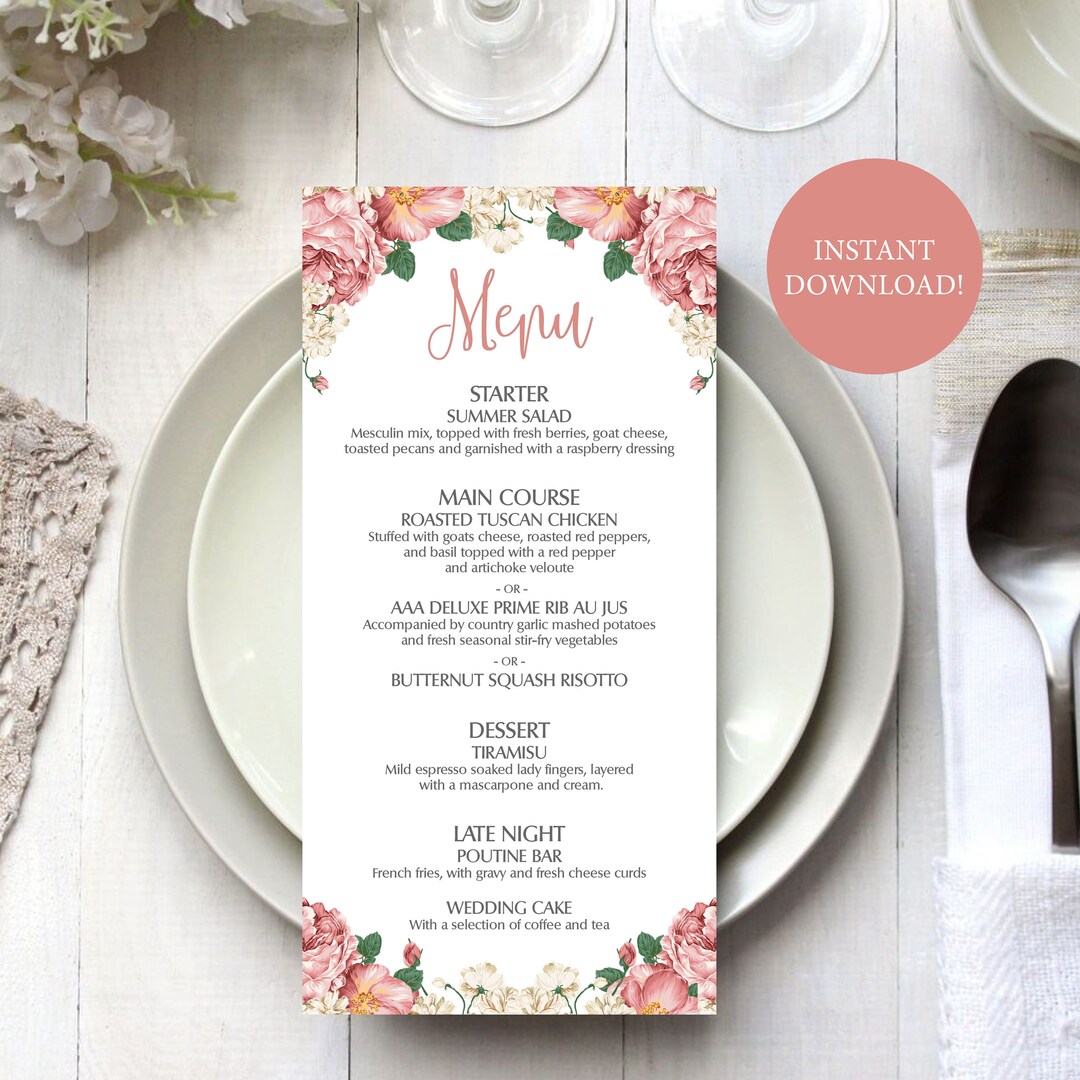 Pink Peonies 4x8 EDITABLE PDF Dinner Menu - Etsy