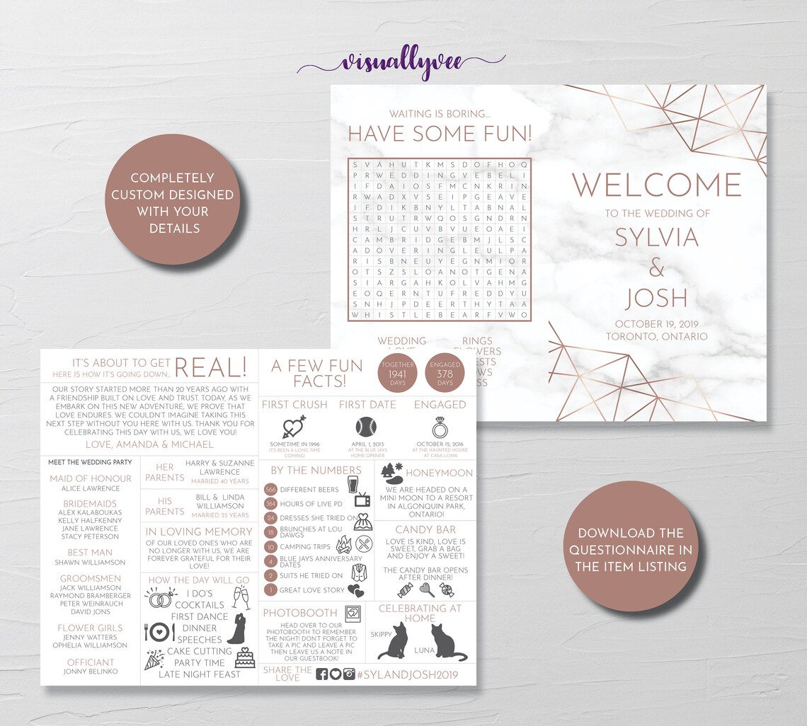 Rose Gold Geometric Marble Infographic Wedding Program | Etsy
