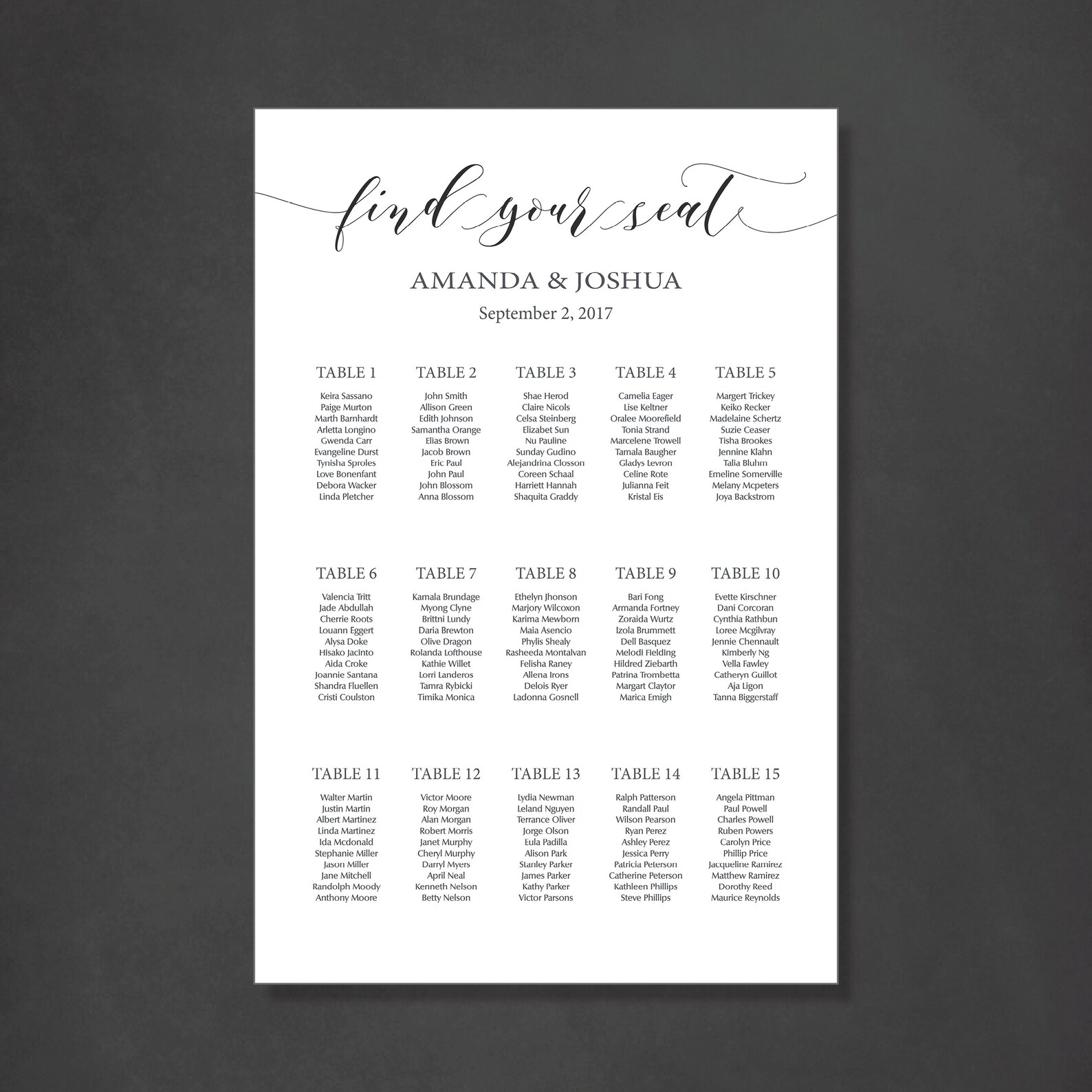 15 Table Seating Chart EDITABLE PDF Black & Grey 15 - Etsy