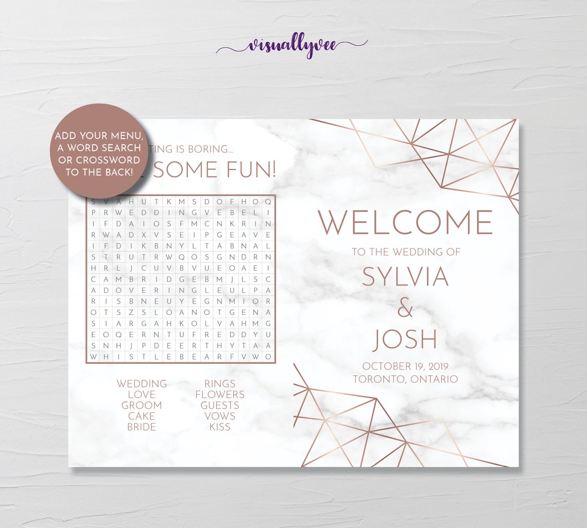 Rose Gold Geometric Marble Infographic Wedding Program | Etsy