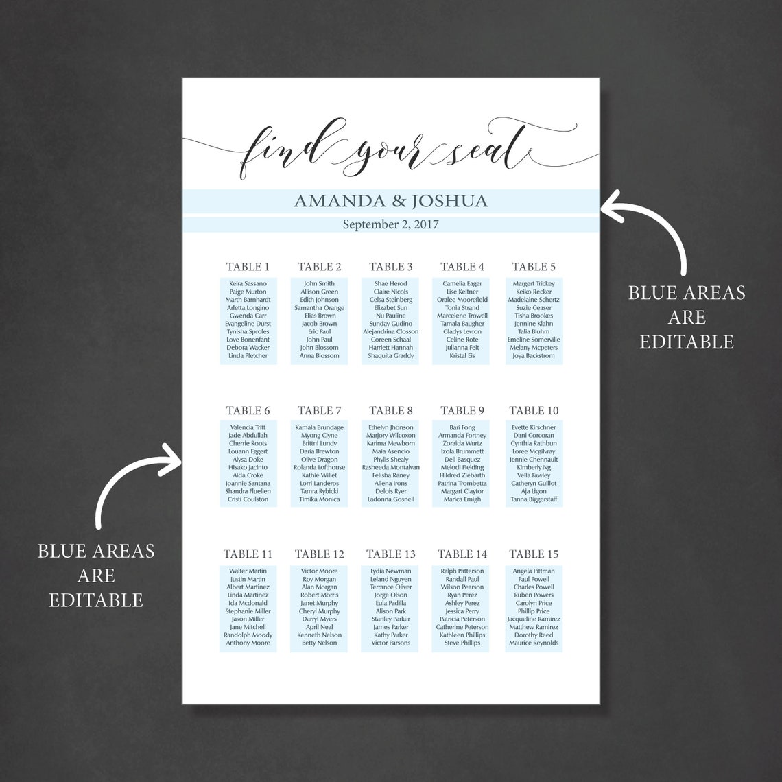 15 Table Seating Chart EDITABLE PDF Black & Grey 15 | Etsy