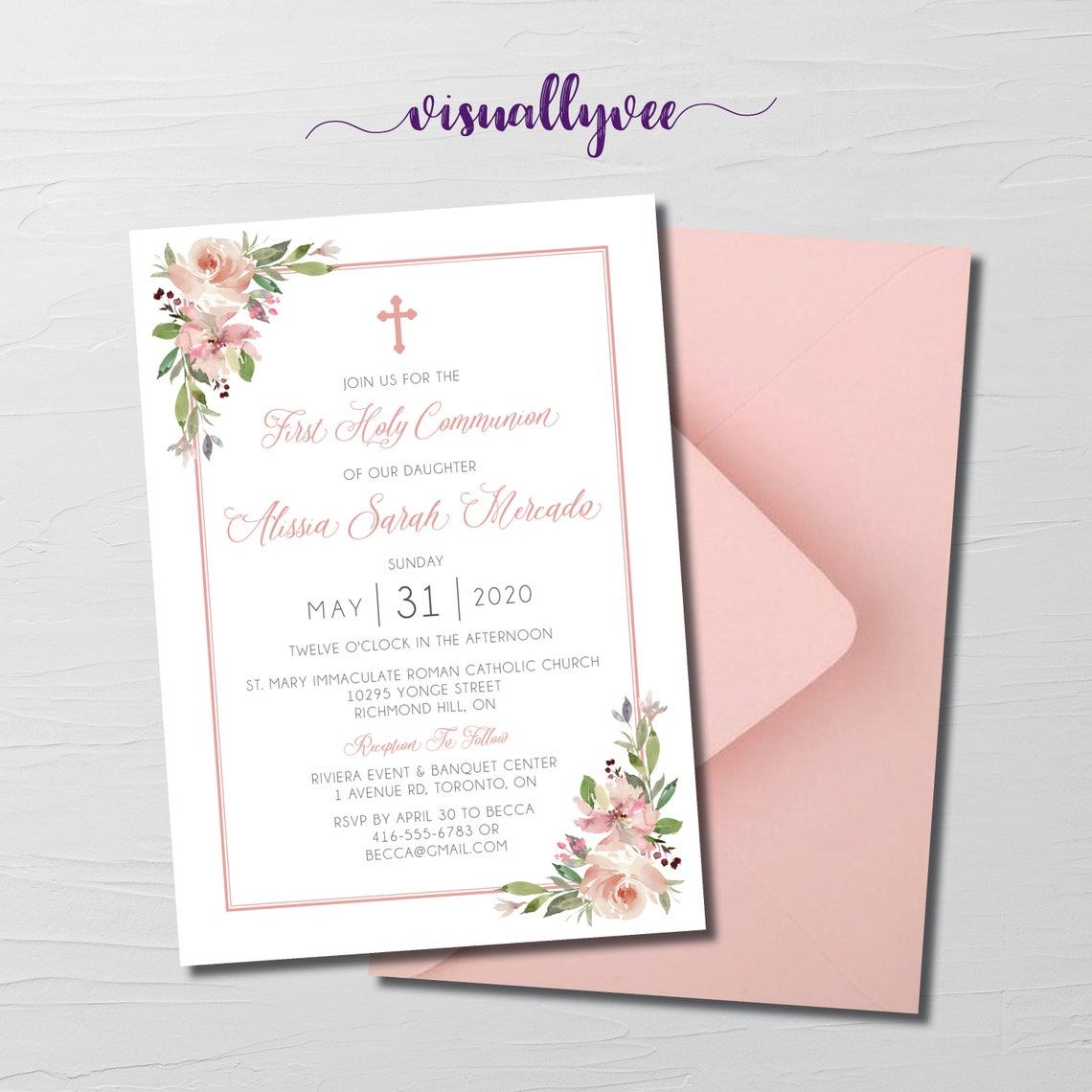 First Communion Invitation Pink Communion Invitation Pink - Etsy