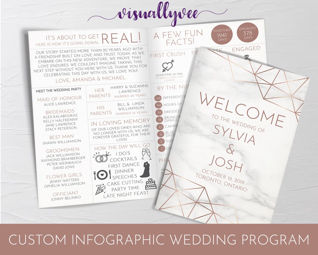 Rose Gold Geometric Marble Infographic Wedding Program - Etsy